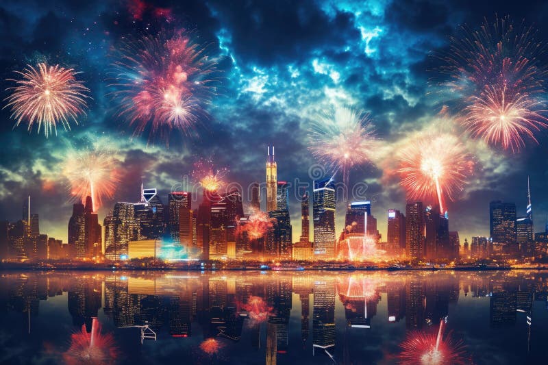 City Skyline with Brightly Exploding Fireworks, Celebrating ...
