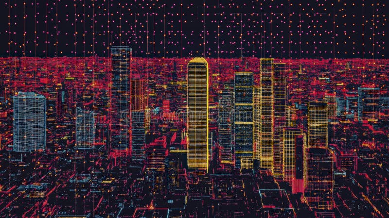 City Skyline Captured in a Bold Neon Grid Pattern Stock Illustration ...