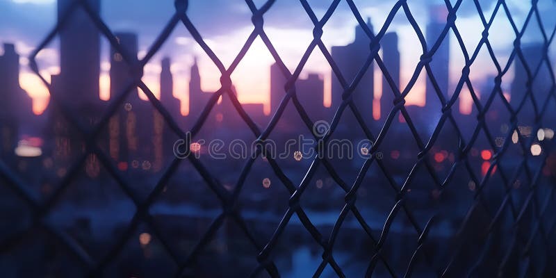 City Skyline through Chain Link Fence at Sunset Stock Illustration ...