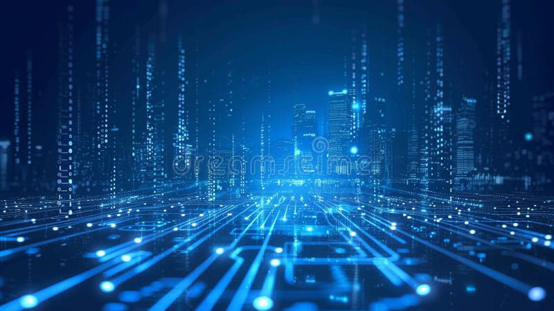 City Skyline on Computer Blue Screen with Charts and Data, Programming ...