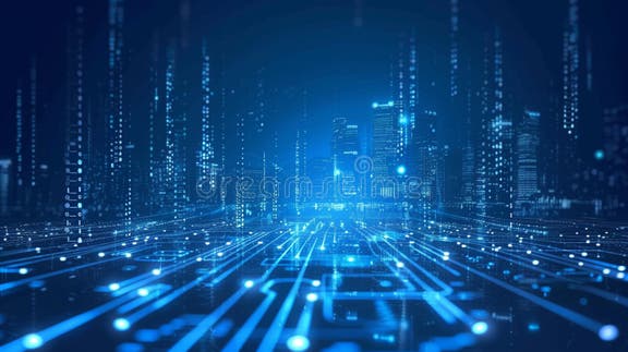 City Skyline on Computer Blue Screen with Charts and Data, Programming ...