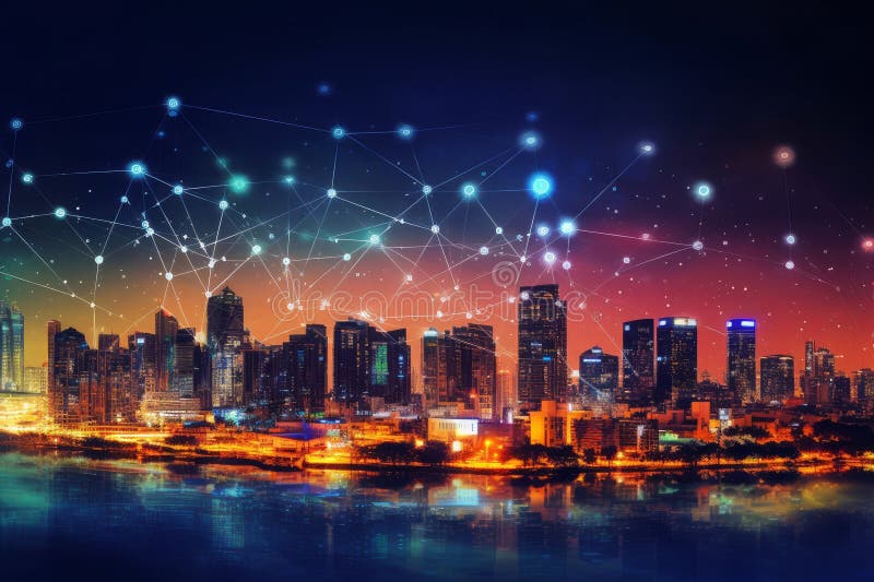 City Skyline with Connected Dot Stock Illustration - Illustration of ...