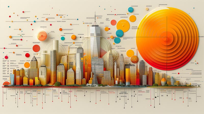 City Skyline with Data Visualization and Colorful Infographics Stock ...
