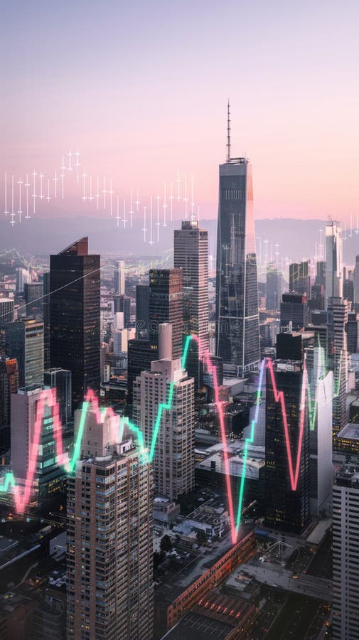 City Skyline at Dawn, Intricate Financial Graphs Overlaid, Blending ...
