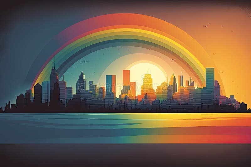 City Skyline at Dawn, with the Sun Rising and a Rainbow in the Sky ...