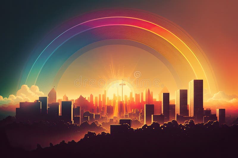 City Skyline at Dawn, with the Sun Rising and a Rainbow in the Sky ...
