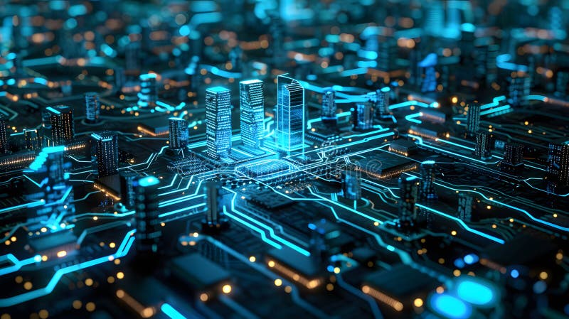 A City Skyline is Depicted on a Circuit Board Stock Illustration ...