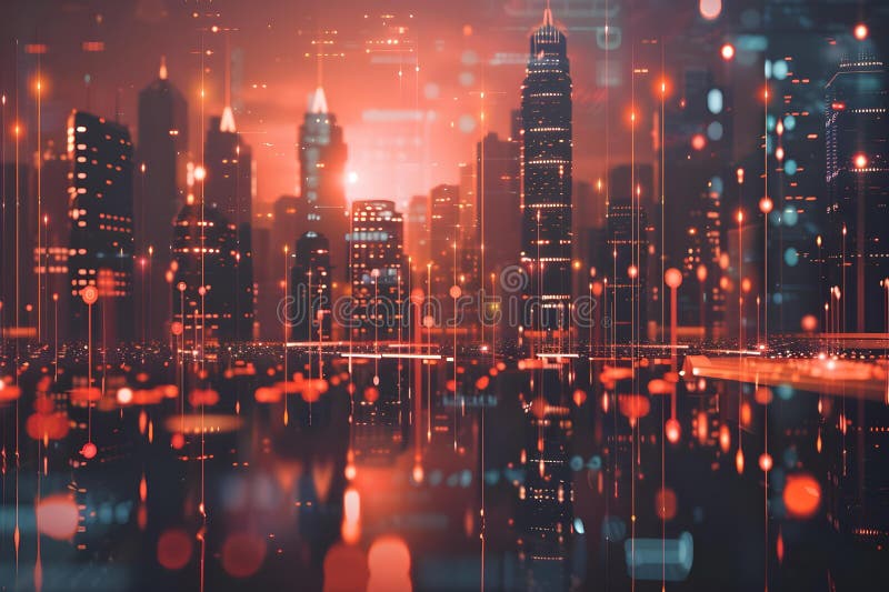 City Skyline Depicted with Digital Elements Representing Modern ...