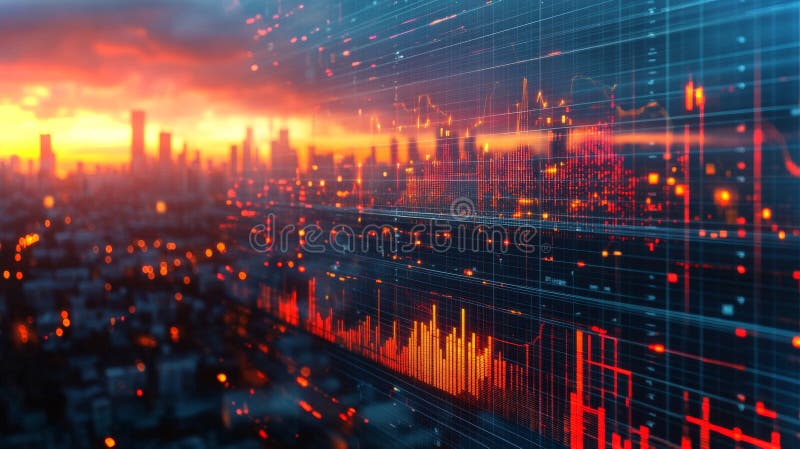 City Skyline with Digital Graphs and Data Visualization during Sunset ...