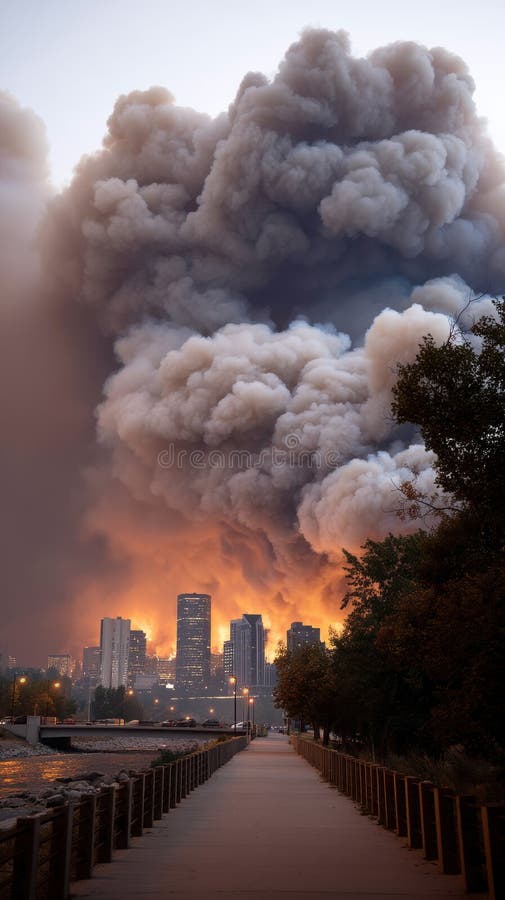 City Skyline Disappearing Behind Thick Wildfire Smoke, Creating ...