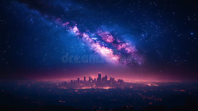A City Skyline with a Dramatic View of the Milky Way Galaxy at Night ...