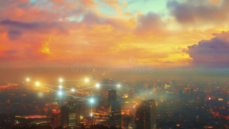 City Skyline at Dusk with Digital Network Overlay Stock Illustration - Illustration of ...