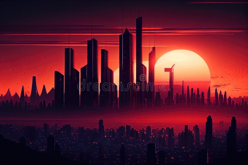 City Skyline at Dusk, with the Sun Setting in the Background Stock ...