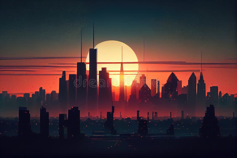 City Skyline at Dusk, with the Sun Setting and Night Approaching Stock ...