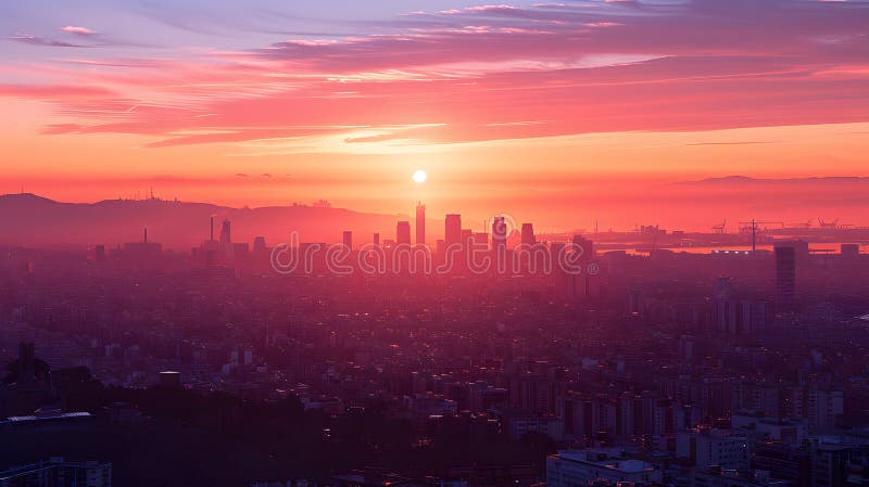 City Skyline at Dusk with Sun Shining through Clouds in Aerial View ... City Skyline at Dusk with Sun Shining through Clouds in Aerial View ...