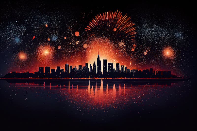 City Skyline, with Fireworks Display Exploding in the Night Sky Stock ...