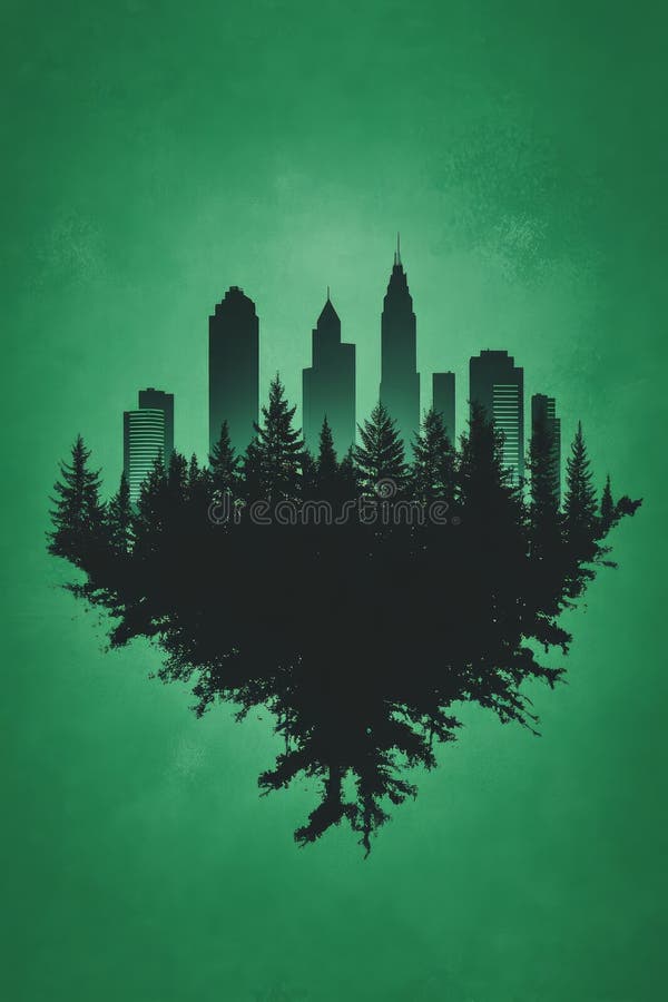 City Skyline and Forest Silhouette on Emerald Background V61 Stock ...