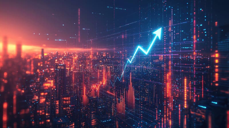 City Skyline with Futuristic Technology Visualization Showing Upward ...