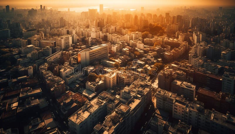 City Skyline Glows at Dusk, High Up Above Crowded Streets Generated by ...