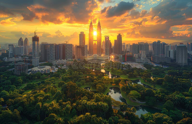 A City Skyline and Greenery at Sunset View from the Top. Modern ...