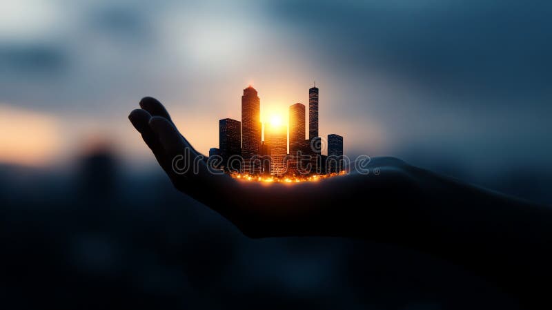 City Skyline Held in a Hand during Sunset, Creating a Surreal ...
