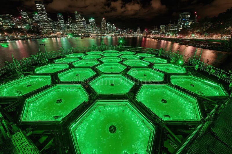 City Skyline Illuminated by Green Lights Showcasing Unique Hexagonal ...