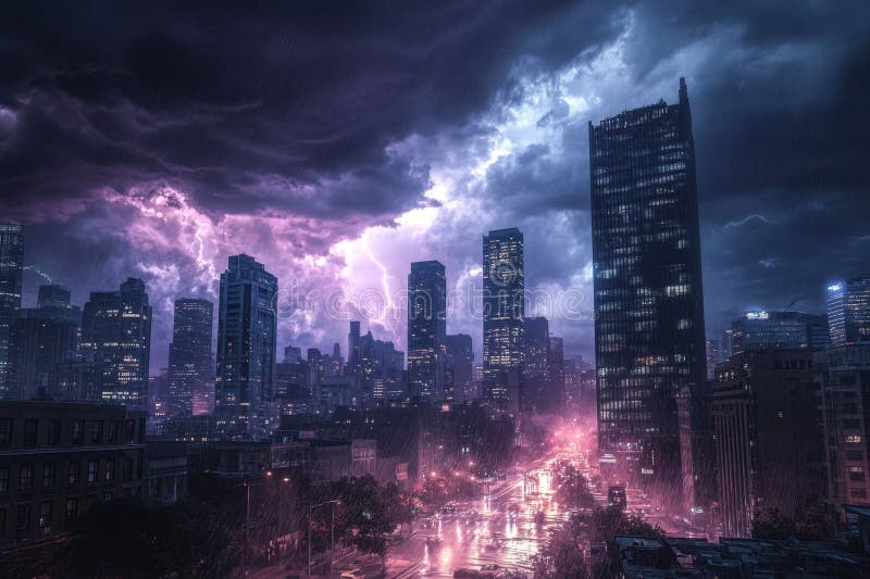 City Skyline Illuminated by Lightning during a Dramatic Thunderstorm at ...