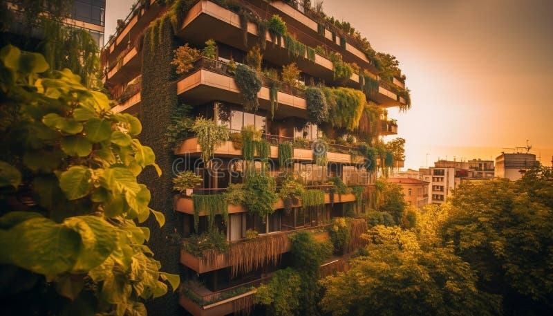 City Skyline Illuminated by Sunset, Surrounded by Nature Generated by ...