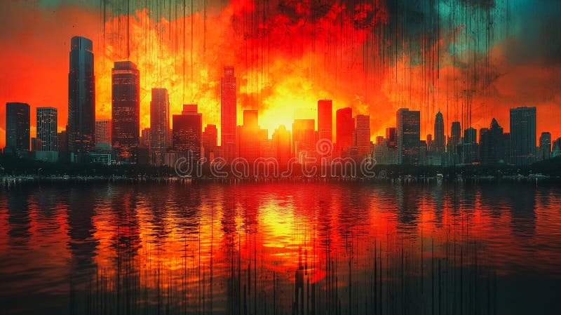 A City Skyline with a Large Fire in the Background. the Fire is Orange ...
