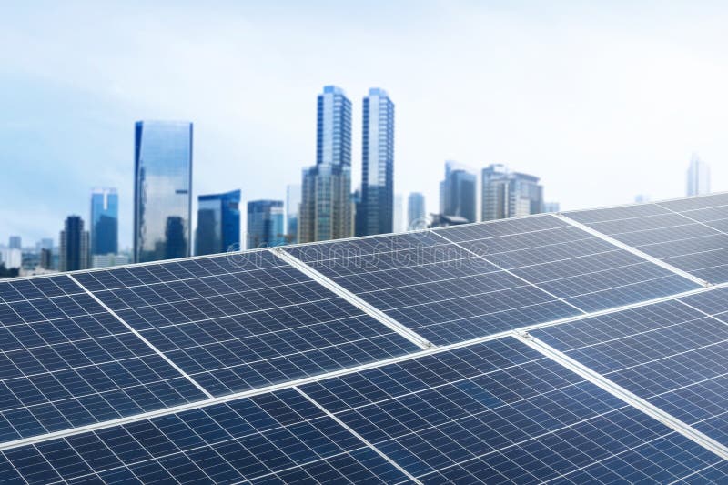 A City Skyline with a Large Solar Panel Stock Image - Image of house ...