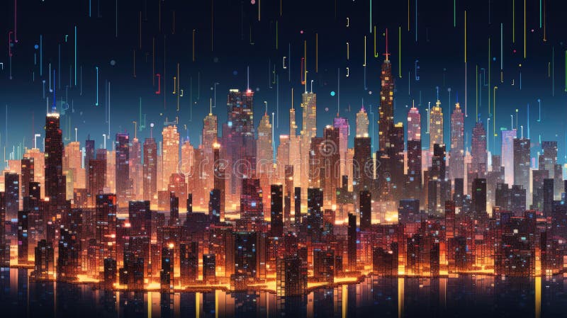 A City Skyline with Lights Falling from the Sky Stock Illustration ...