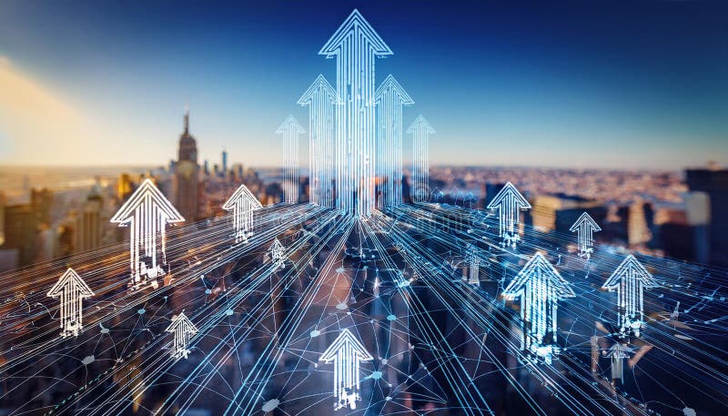 A City Skyline with Many Arrows Pointing Upwards Stock Illustration ...