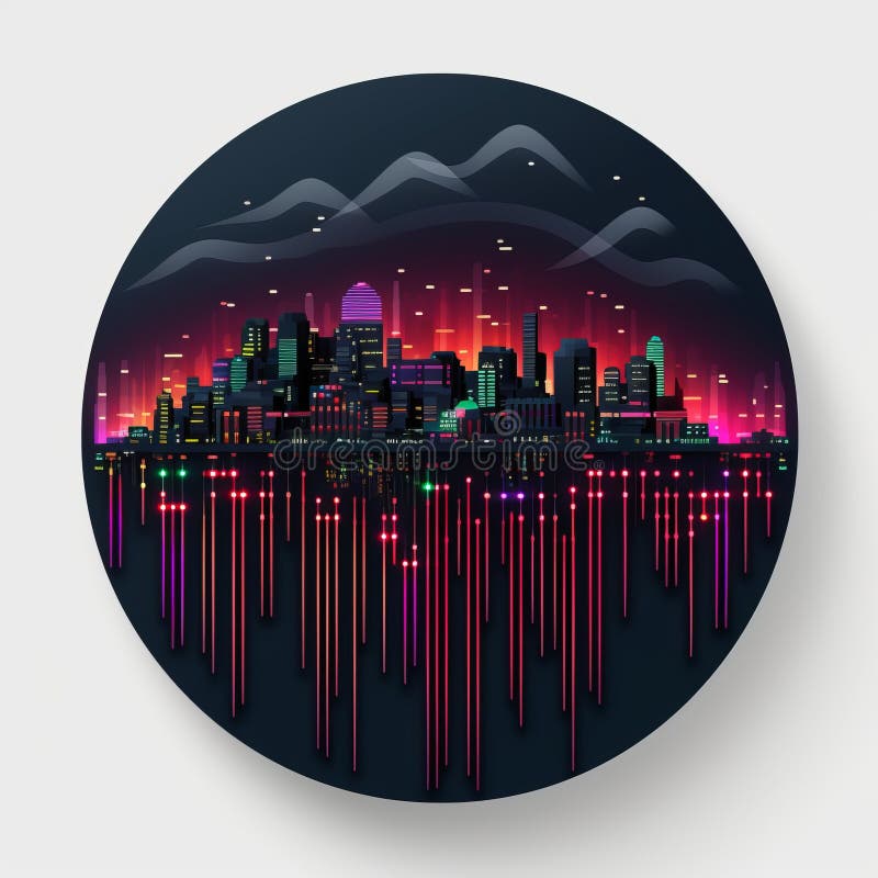 A City Skyline with Neon Lights and Raindrops on it Stock Illustration ...