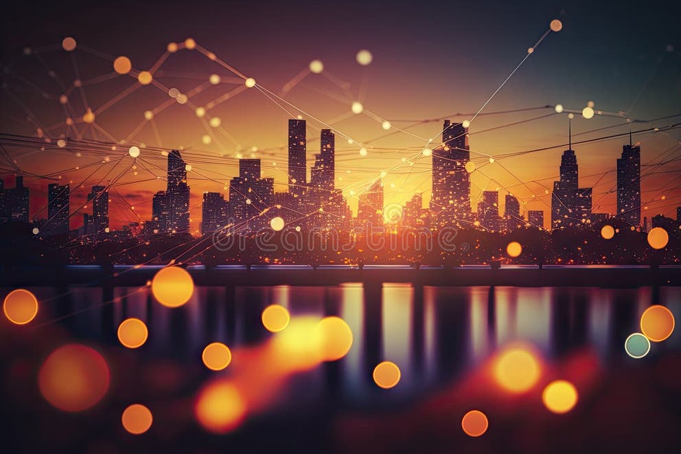 City Skyline With Network Data Conection On Bokeh Ai Generative Stock