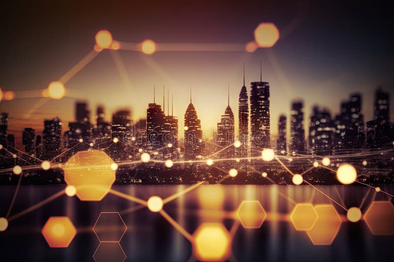 City Skyline With Network Data Conection On Bokeh Ai Generative Stock