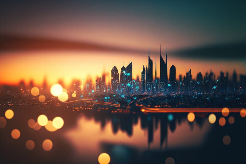 City Skyline with Network Data Conection on Bokeh Sunset Background ...