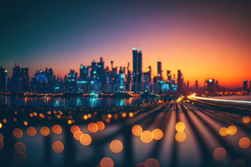 City Skyline with Network Data Conection on Bokeh Sunset Background ...