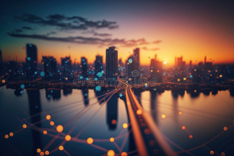 City Skyline with Network Data Conection on Bokeh Sunset Background ...
