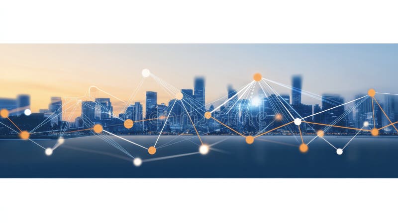 A City Skyline with a Network of Lines Connecting the Buildings Stock ...