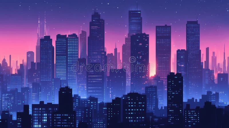 A City Skyline at Night with a Bright Pink Sky Stock Illustration ...