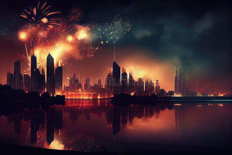 City Skyline at Night, with Fireworks Exploding in the Distance Stock ...