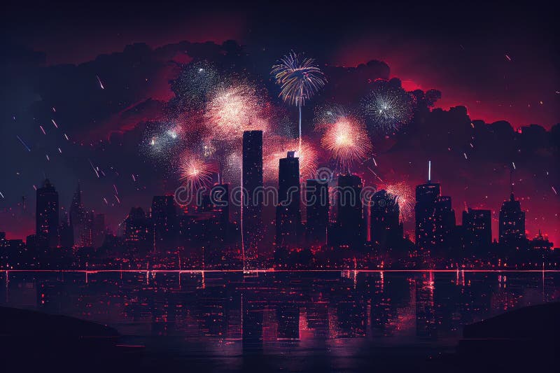 City Skyline at Night, with Fireworks Exploding in the Distance Stock ...