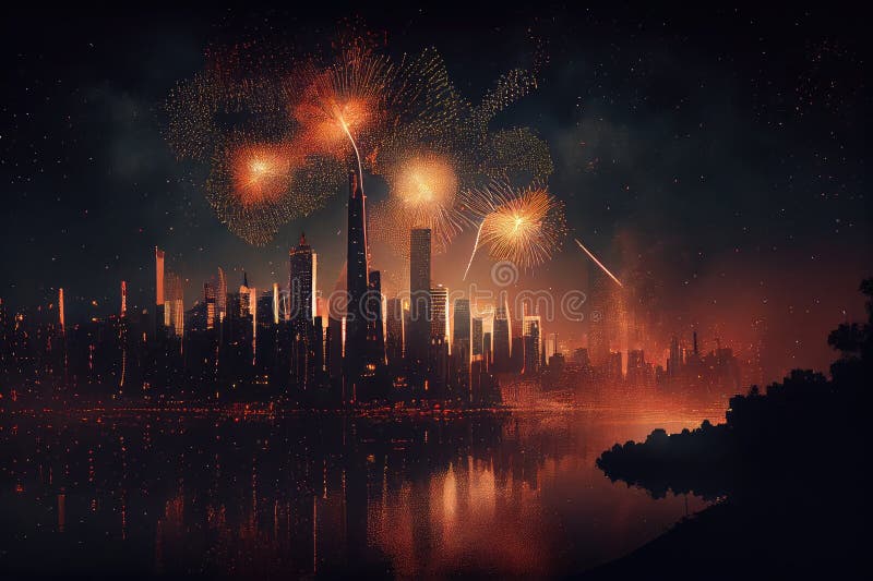 City Skyline at Night, with Fireworks Exploding in the Sky Stock ...