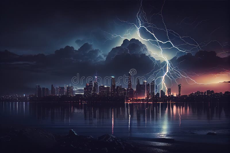 City Skyline at Night, with Flashes of Lightning and Thunderstorm in ...