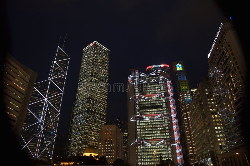 City Skyline Night Low Angle View Editorial Image - Image of green ...