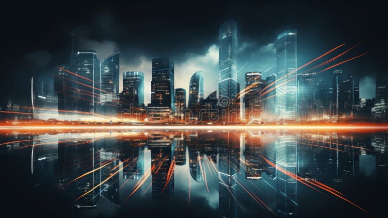 City Skyline at Night, with Pulsating Lights and Audio Effects Stock ...