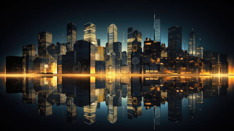 City Skyline Night Reflection in Water Stock Illustration ...