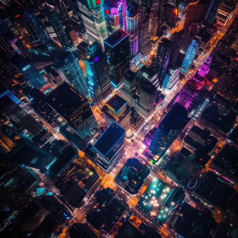 City Skyline Night Scene with Neon Lights from Air Stock Illustration ...