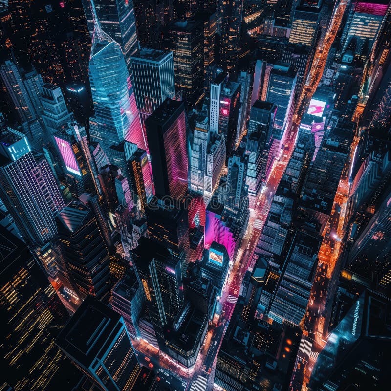 City Skyline Night Scene with Neon Lights from Air Stock Illustration ...