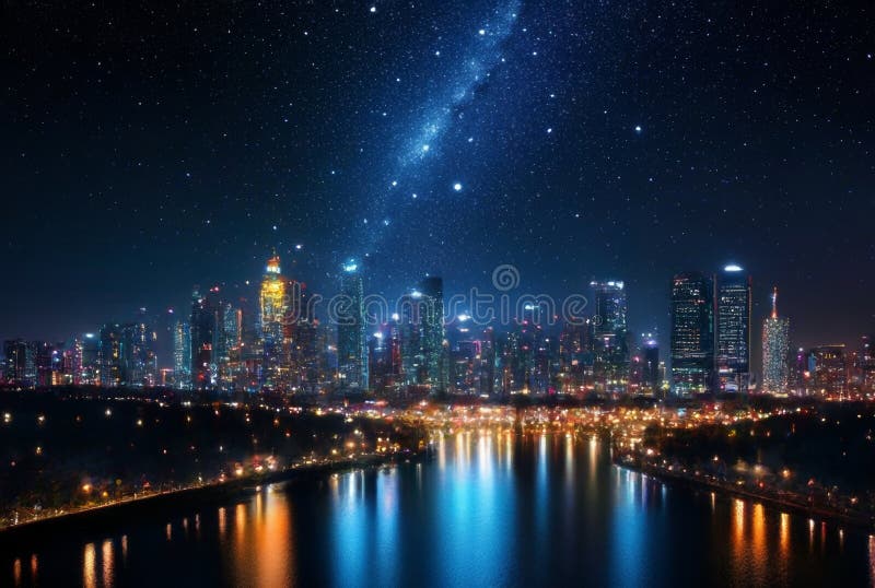 City Skyline at Night with Skyscrapers and Starry Sky Stock ...